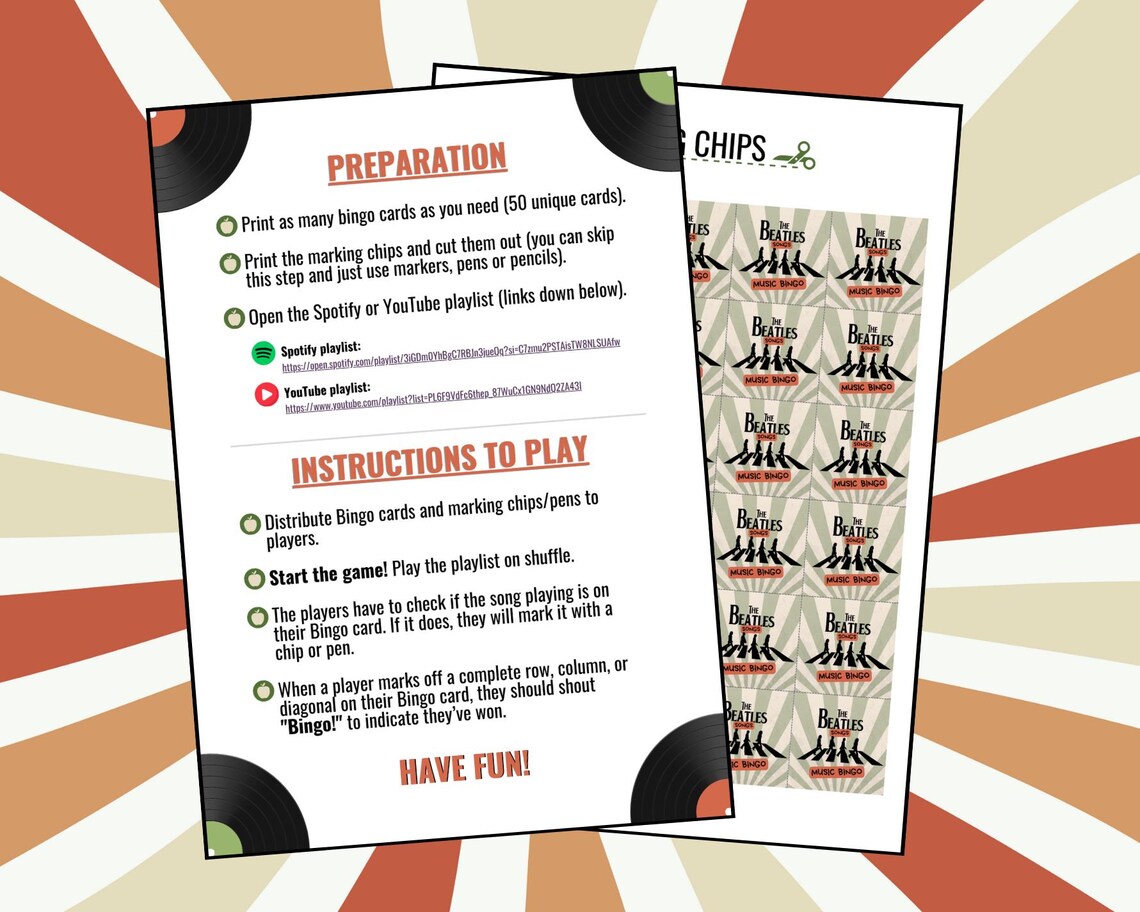 Beatles Songs Bingo Game, the Beatles Music Bingo Cards, Music Bingo ...