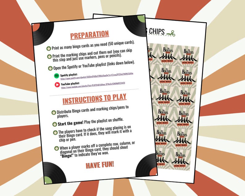 Beatles Songs Bingo Game, the Beatles Music Bingo Cards, Music Bingo ...