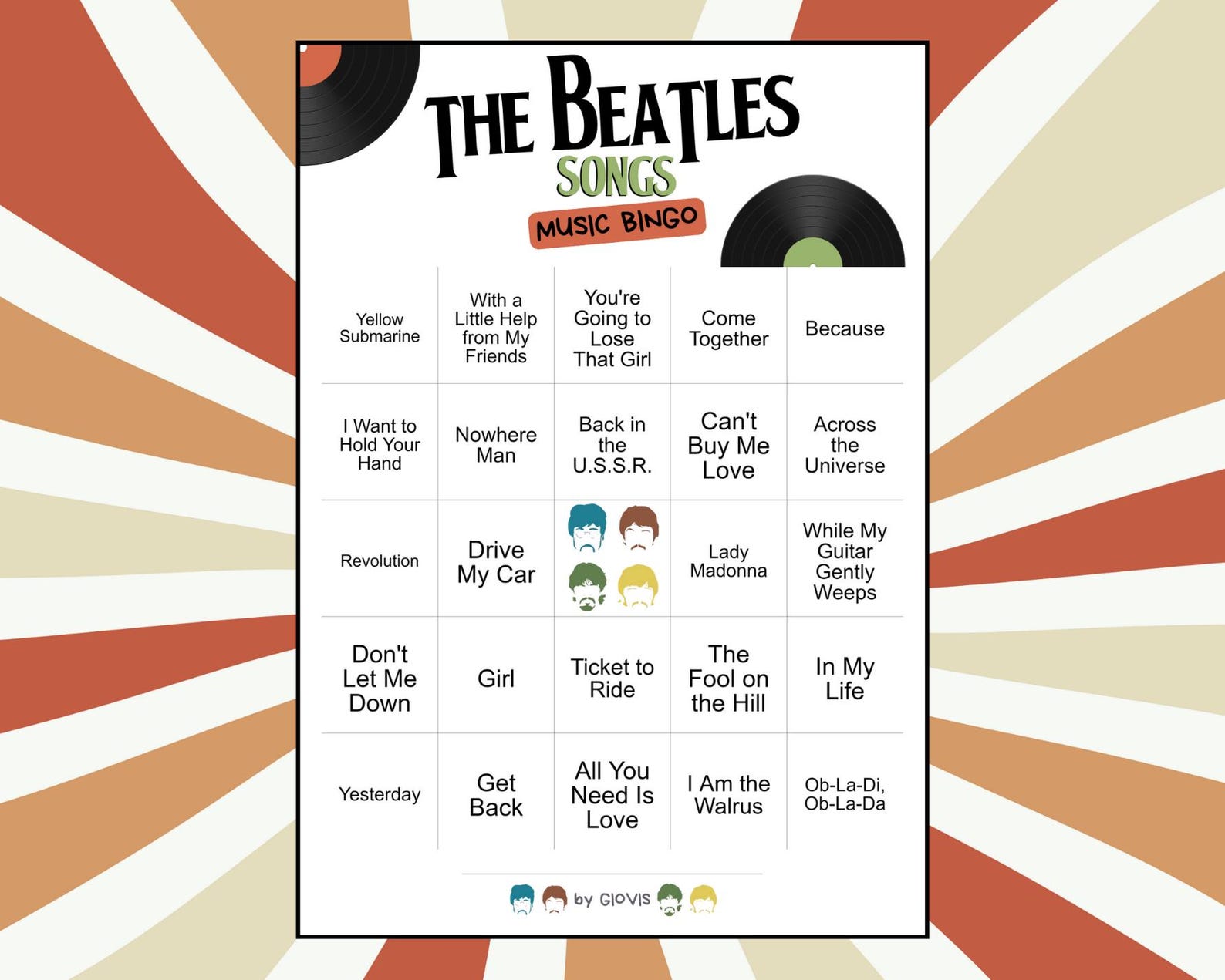 Beatles Songs Bingo Game, the Beatles Music Bingo Cards, Music Bingo ...