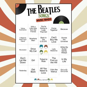 Beatles Songs Bingo Game, the Beatles Music Bingo Cards, Music Bingo ...