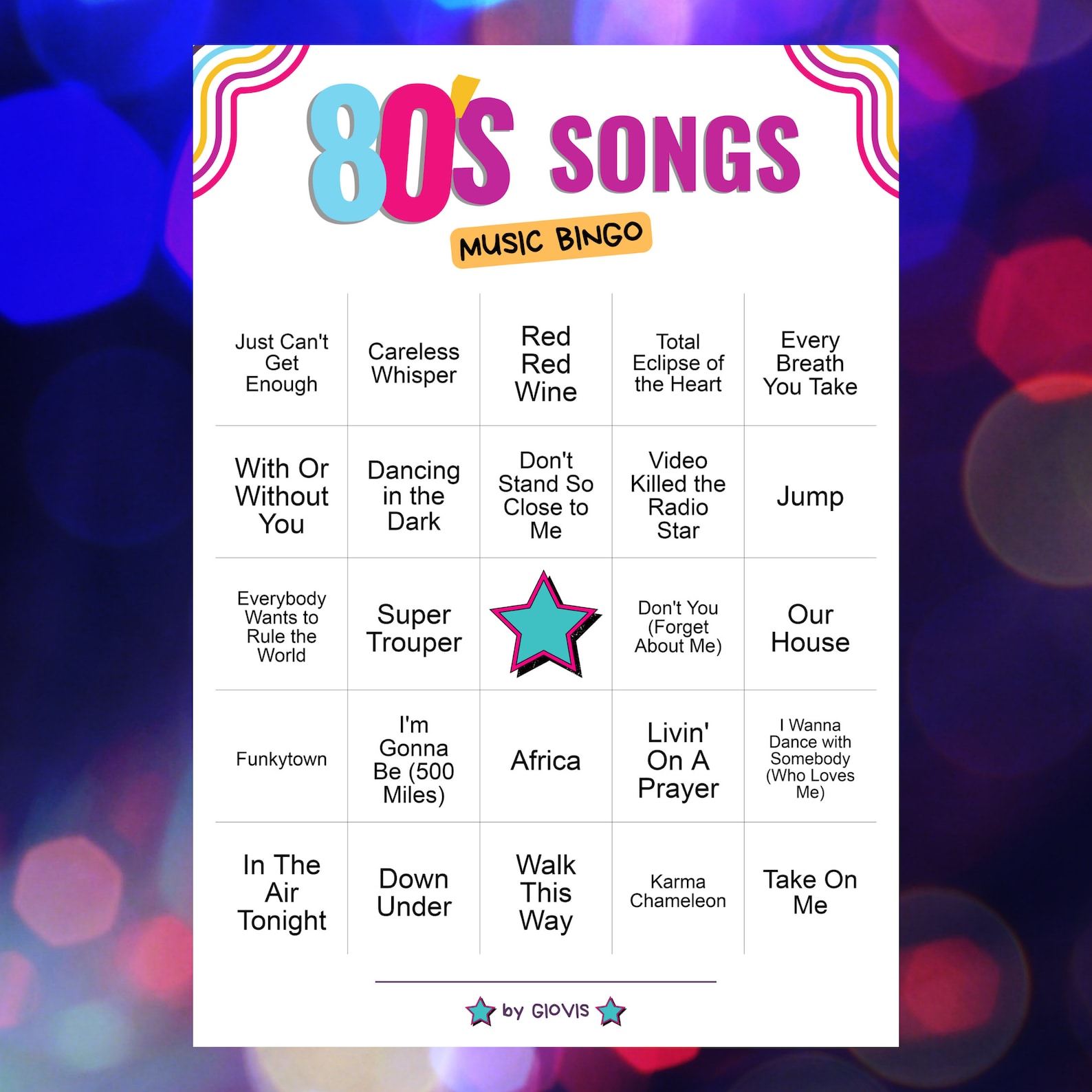 80s Songs Music Bingo, 80s Music Bingo Cards, Music Bingo Game, Musical ...
