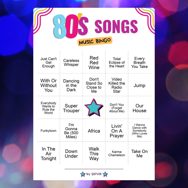 80s Songs Music Bingo, 80s Music Bingo Cards, Music Bingo Game, Musical ...