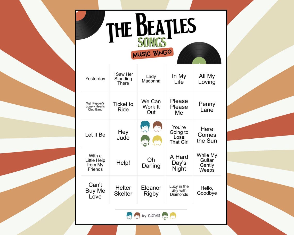 Beatles Songs Bingo Game, the Beatles Music Bingo Cards, Music Bingo ...