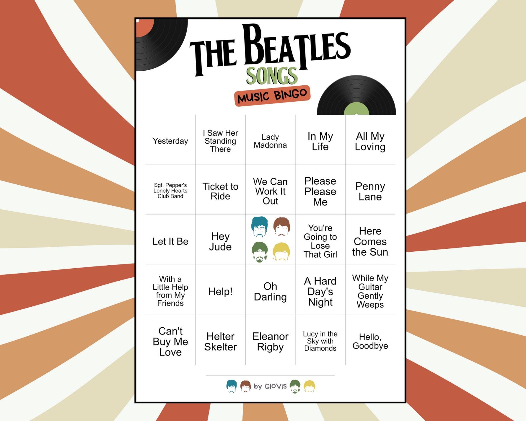 Beatles Songs Bingo Game, the Beatles Music Bingo Cards, Music Bingo ...