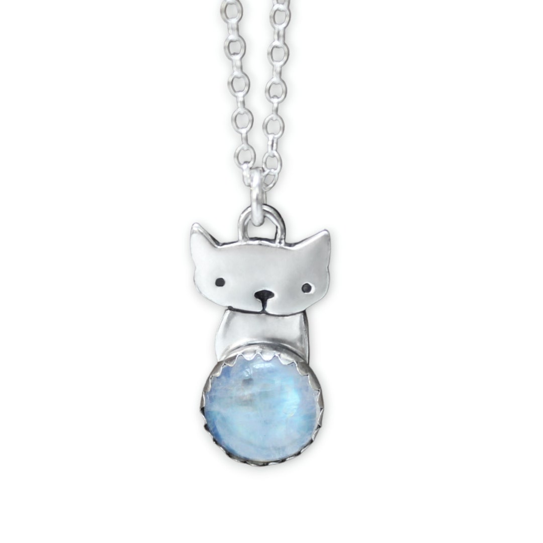 Cat on the Moon Necklace Sterling Silver and Rainbow Moonstone Kitten ...