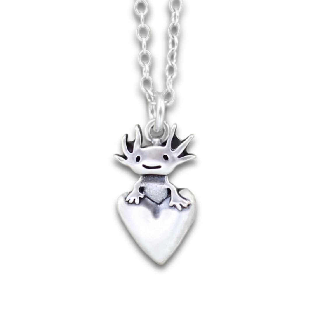 Sterling Silver Axolotl Charm Necklace: Detailed Amphibian Heart ...