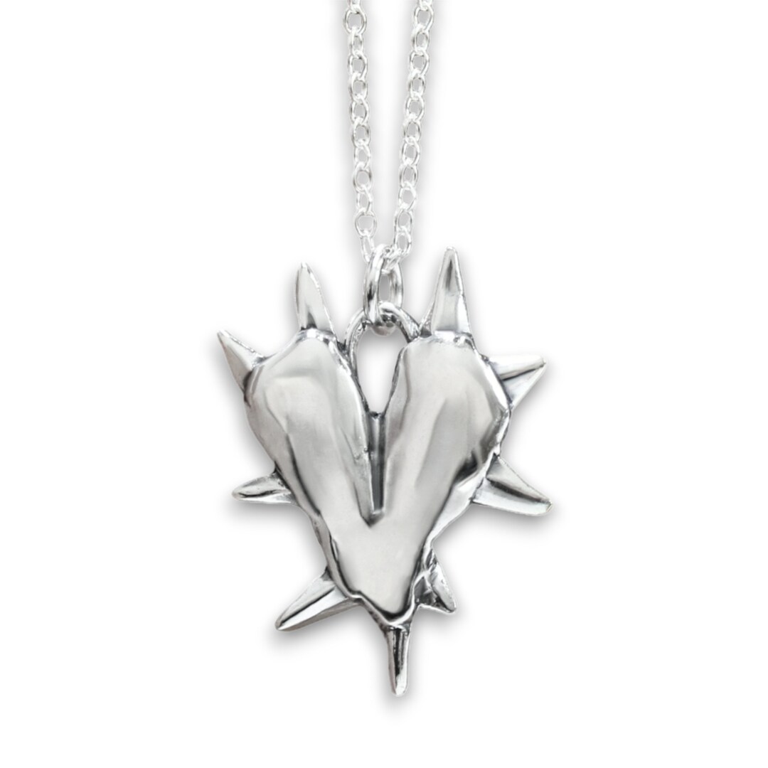 Sterling Silver Sacred Heart Pendant on Adjustable Chain - Spiked Heart ...