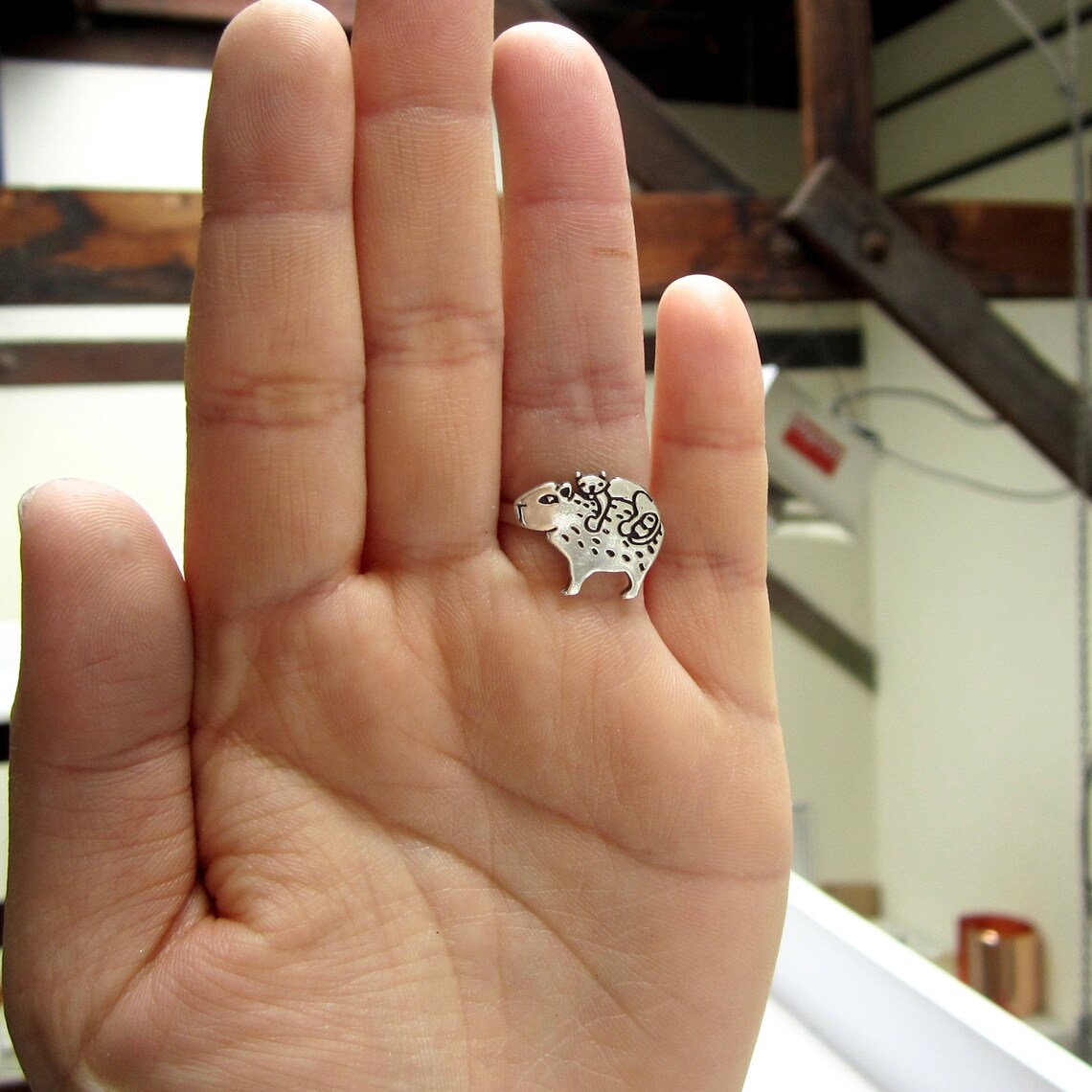 Sterling Silver Cat and Capybara Ring Animal Friends Ring - Etsy