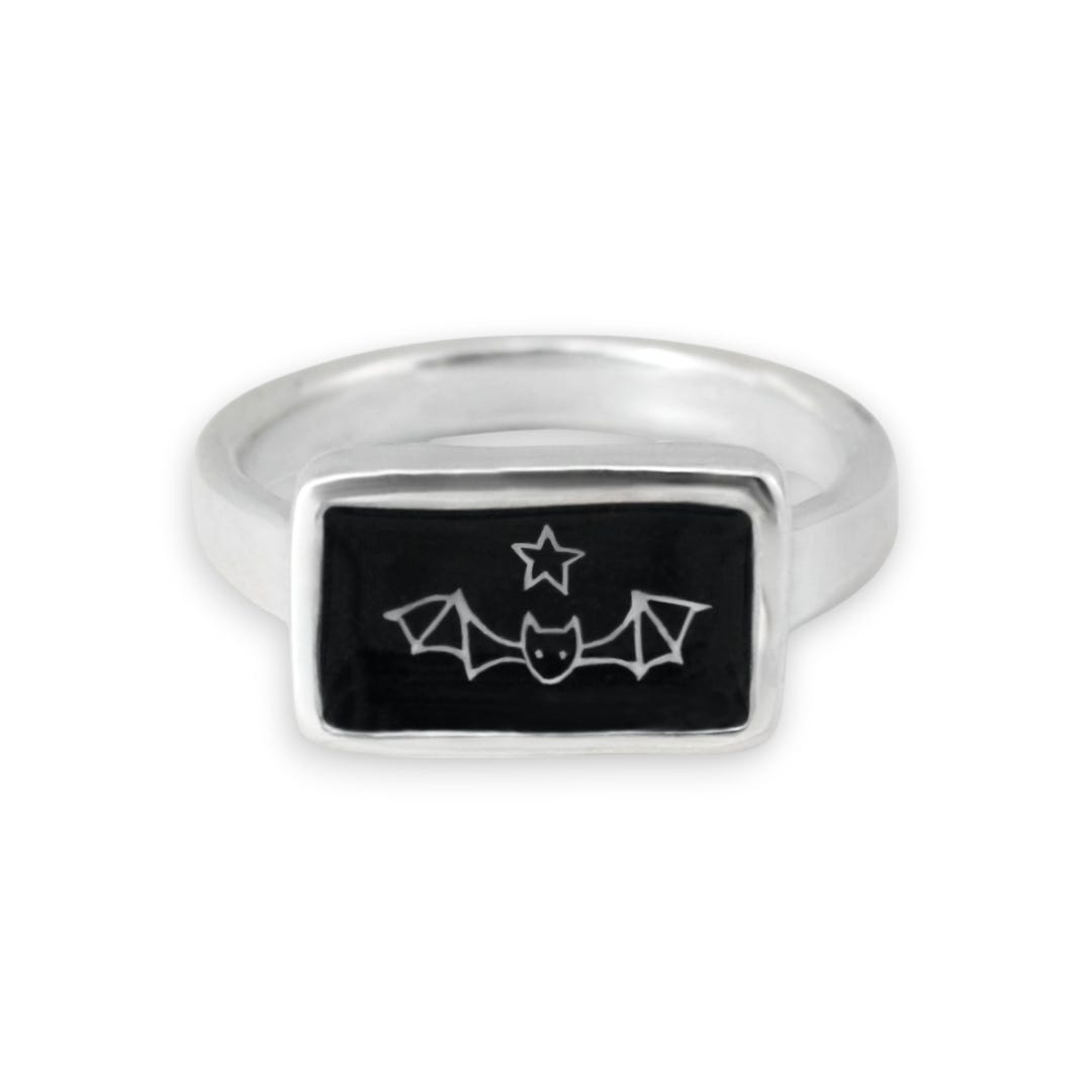 Bat Ring - Sterling Silver Stacking Bat Ring - Black and White Bat ...
