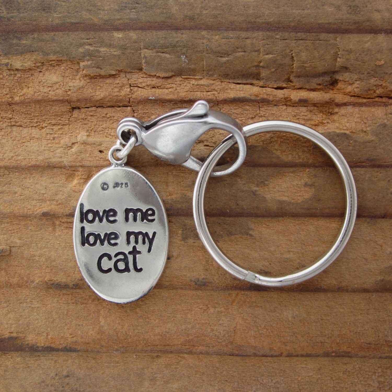 Sterling Silver Cat Keychain Love Me Love My Cat Keyring - Etsy
