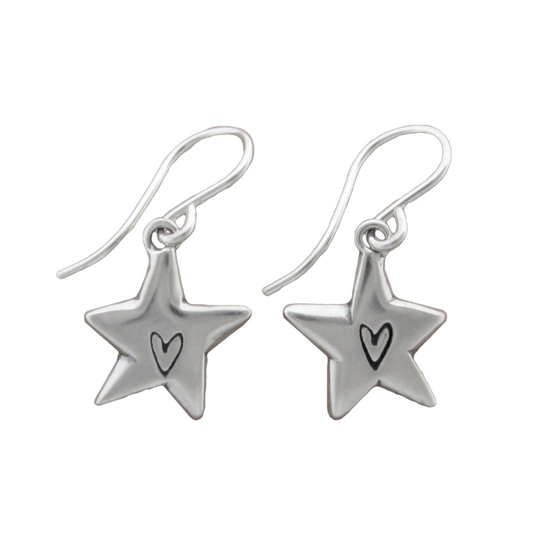 Little Star Earrings Sterling Silver Star With Heart Dangle Earrings - Etsy