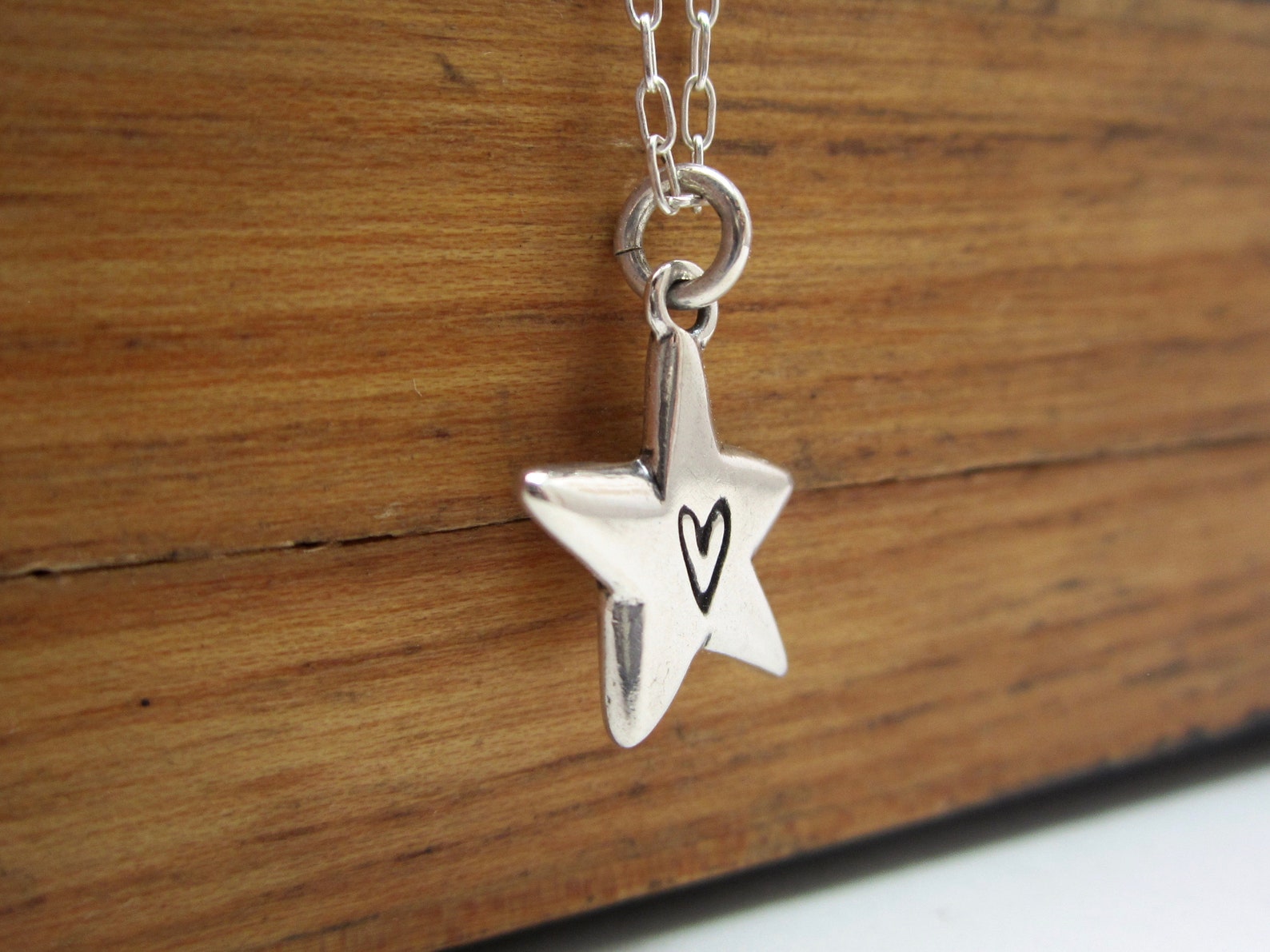 Sterling Silver Star Necklace - Heart Charm, Adjustable Chain - Etsy