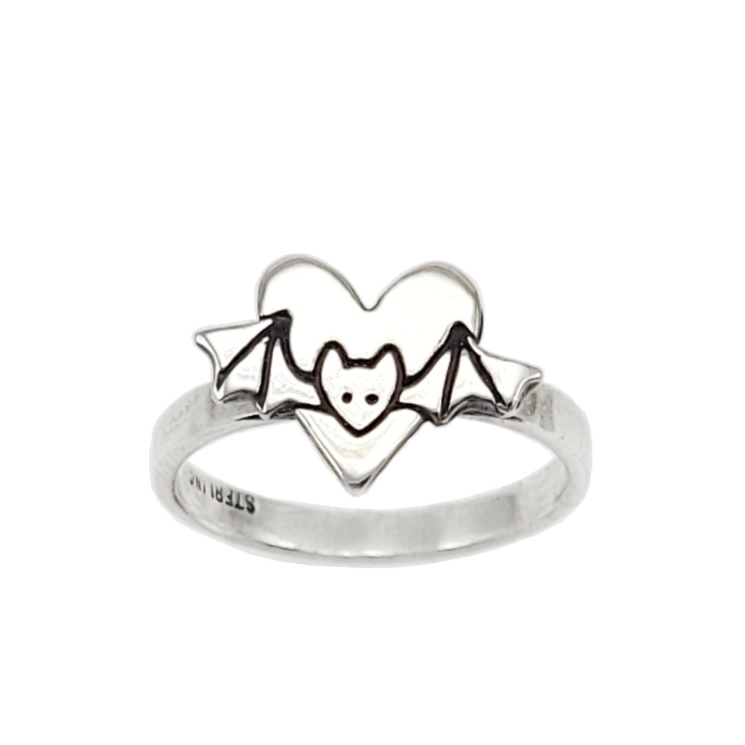 Sterling Silver Bat Ring - Tiny Cute Bat and Heart Charm Ring - Etsy