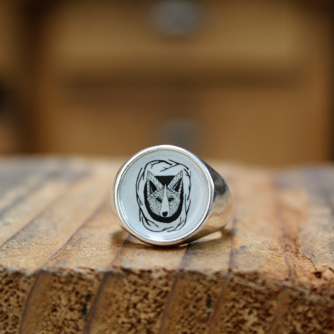 Tattoo Style Wolf Ring for Men and Women - Vitreous Enamel and Sterling ...