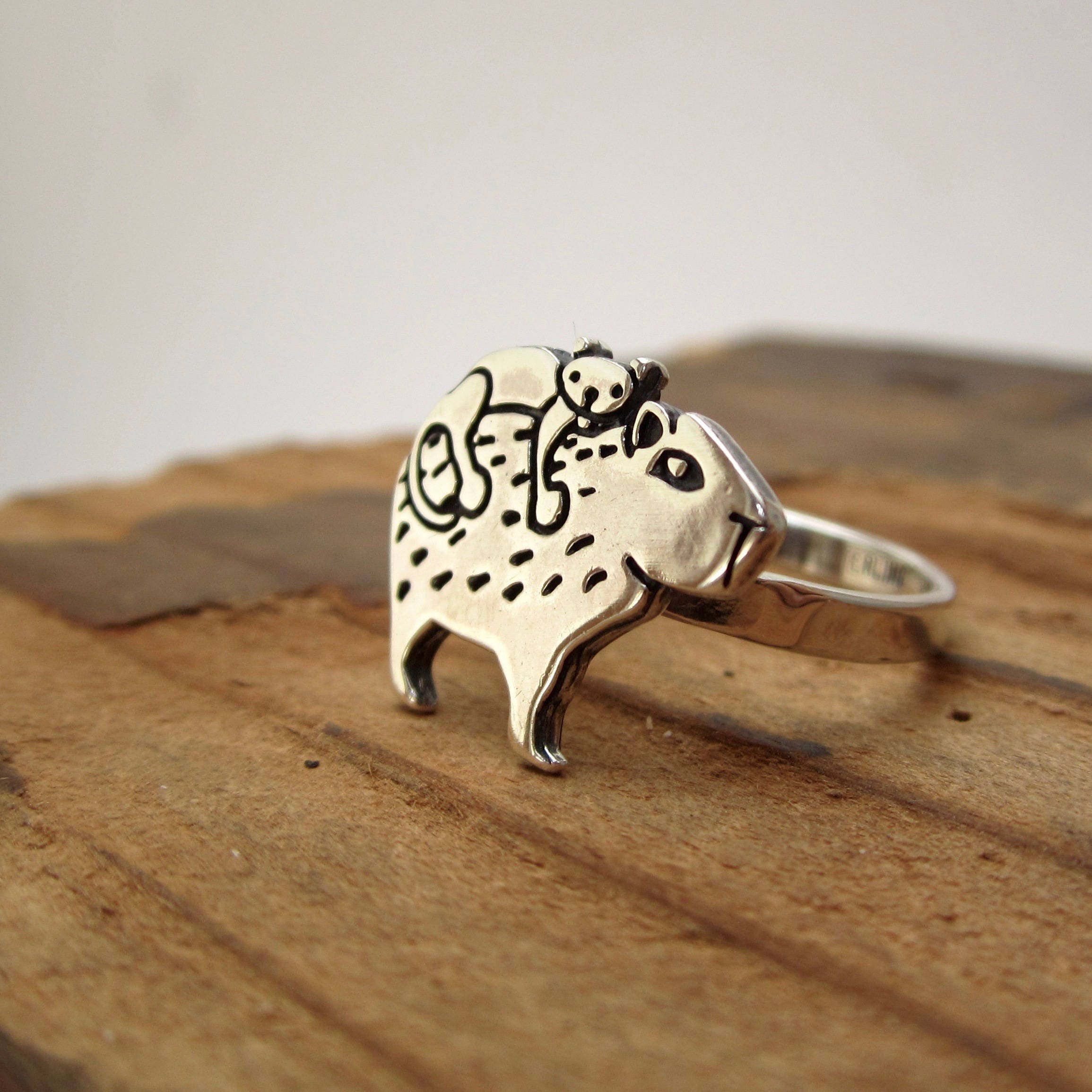Sterling Silver Cat and Capybara Ring Animal Friends Ring | Etsy