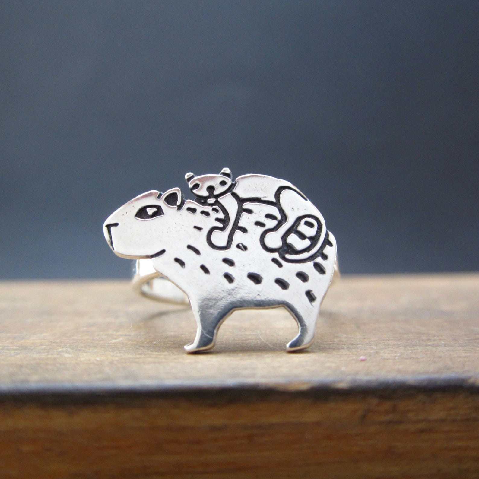 Sterling Silver Cat and Capybara Ring Animal Friends Ring - Etsy