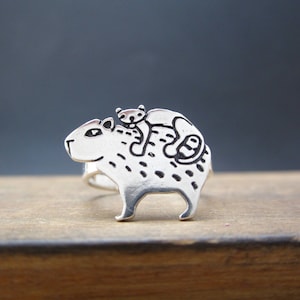Sterling Silver Cat and Capybara Ring - Animal Friends Ring - Etsy