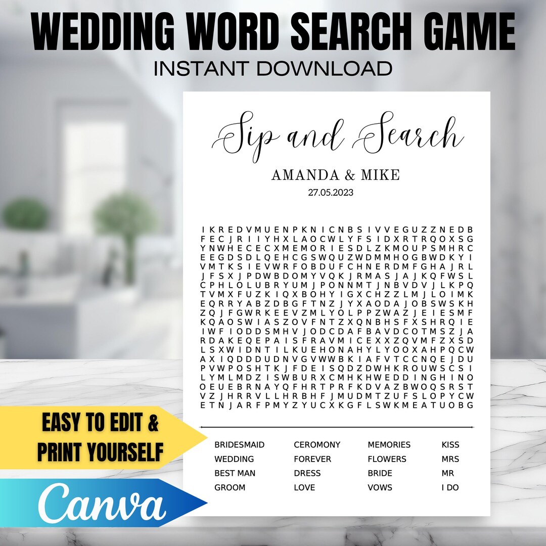 Custom Wedding Word Search Puzzle, Wedding Games, Sip & Search ...