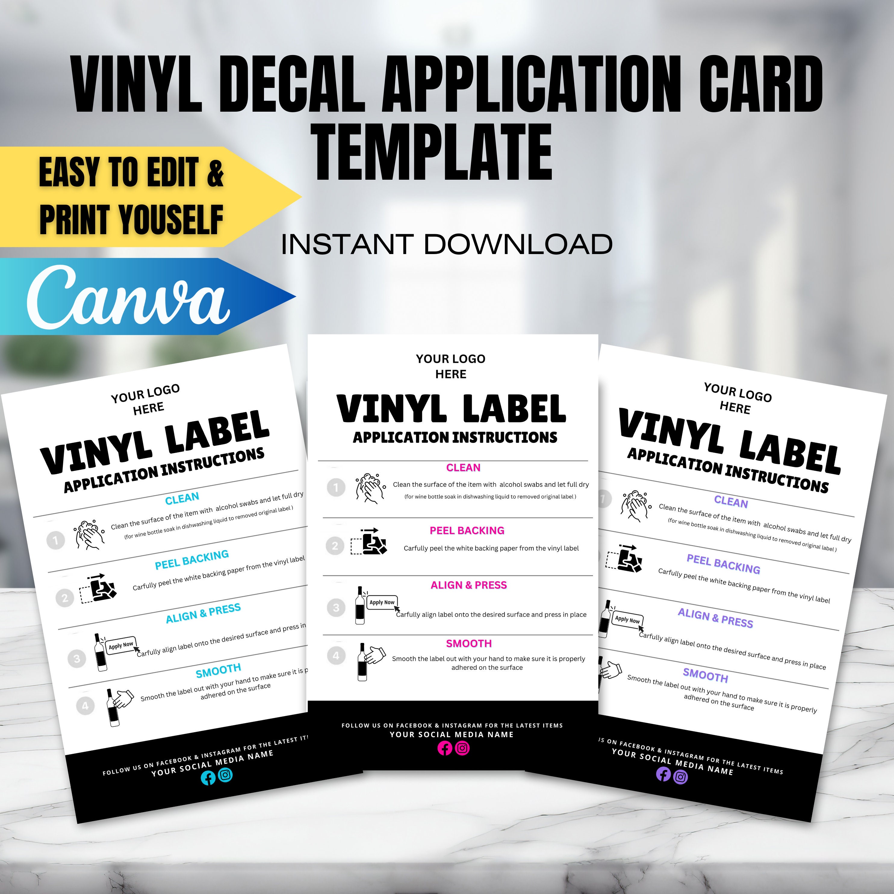 Printable Vinyl Decal Label Care Card Instructions. Decal Application ...