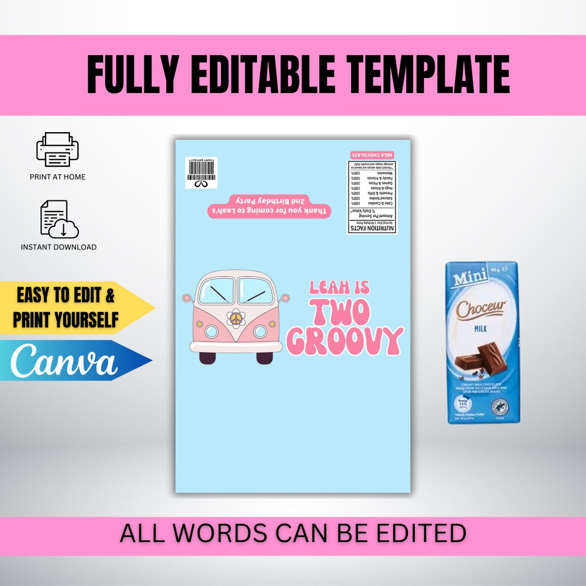 CANVA Two Groovy Chocolate Bar Wrapper TEMPLATE 2, 40g Aldi Chocolate ...