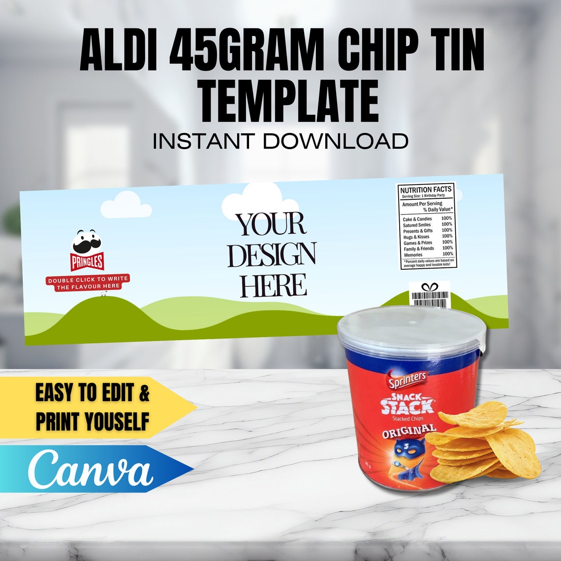 CANVA 45gram CHIP Tin Wrapper LABEL Template. Editable Wrapper Template ...