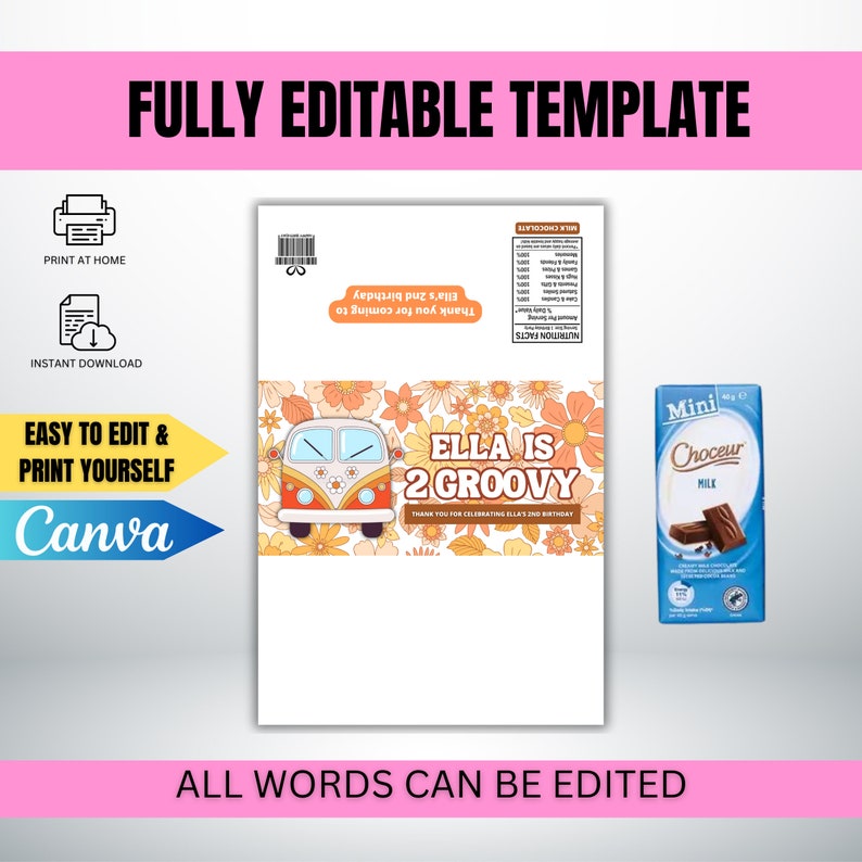 CANVA Two Groovy Chocolate Bar Wrapper TEMPLATE, 40g Aldi Chocolate ...