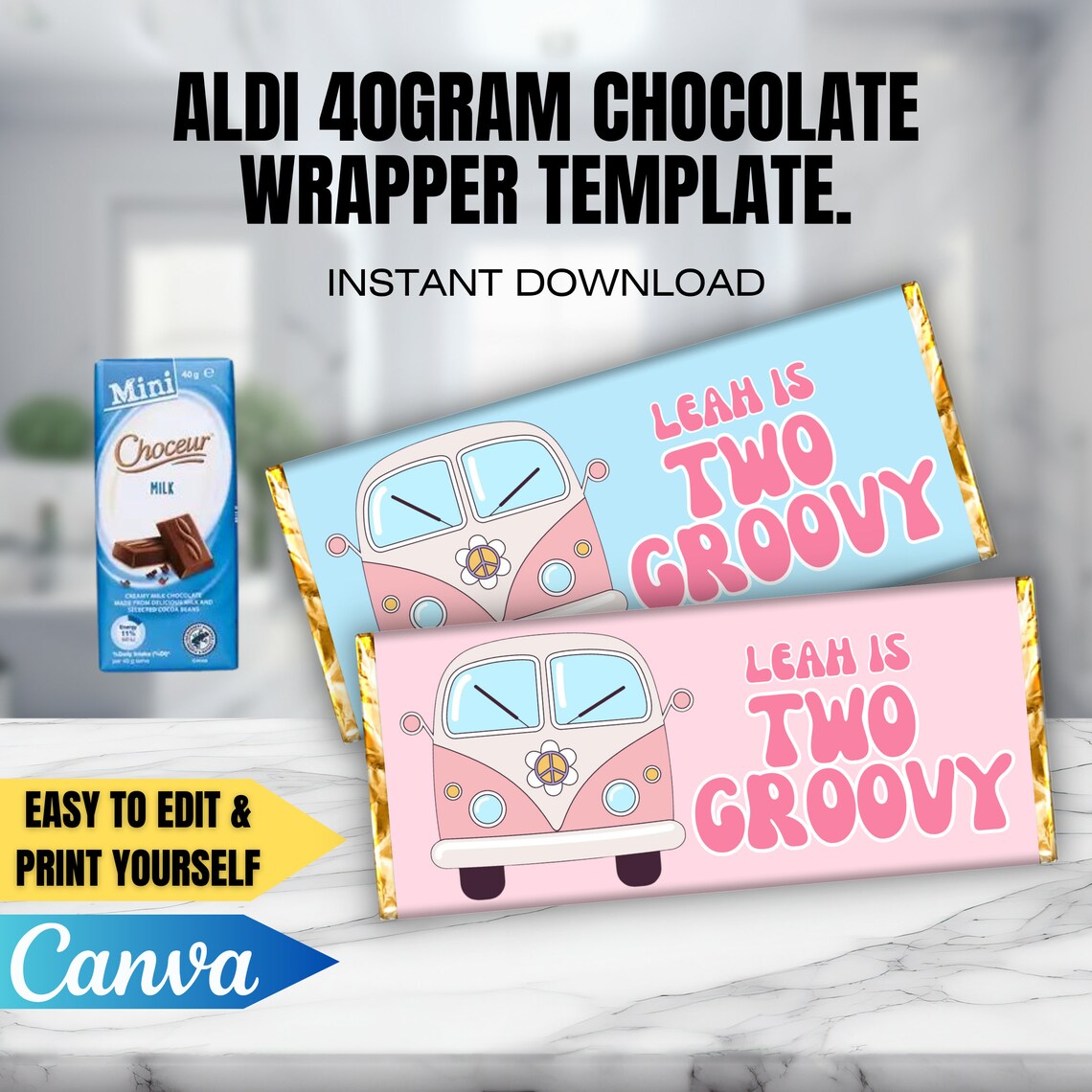 CANVA Two Groovy Chocolate Bar Wrapper TEMPLATE 2, 40g Aldi Chocolate ...