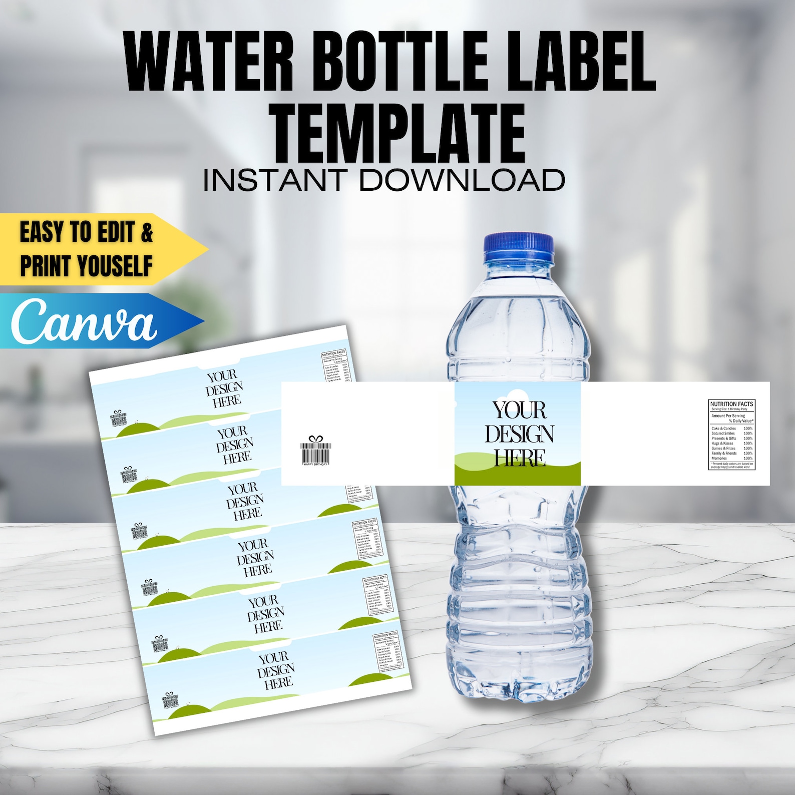 CANVA Water Bottle Label Template. Editable Label Template. Drink Label ...