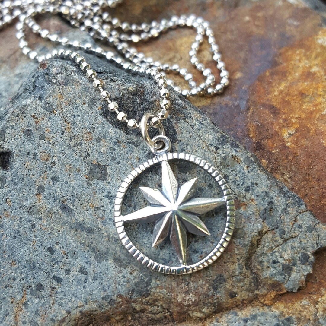 Compass Rose Charm - Sterling Silver Starburst Compass Pendant - Travel ...
