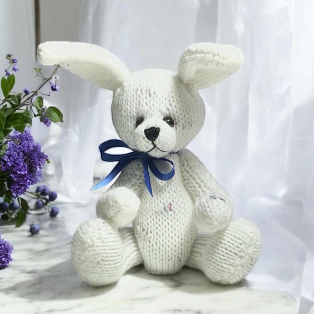 Bunny Rabbit 10" in White With Blue & Purple Accents, Hand Knitted ...
