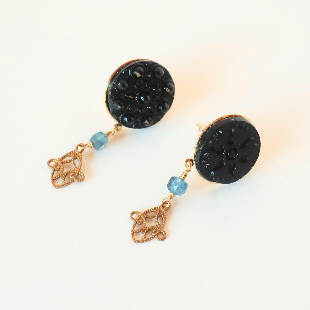 Victorian Mourning Button Earrings With Dark Aquamarine Genuine ...