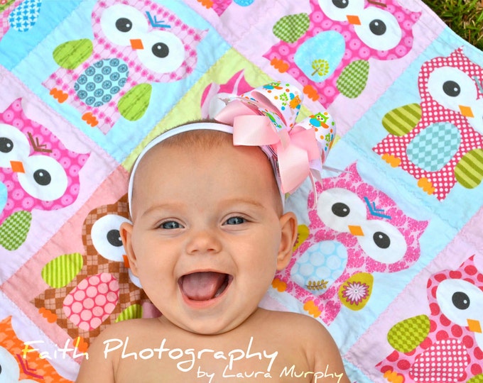 Pink Hoot Hoot Owl QUILT by PETUNIAS Baby Blanket Pink Purple Green ...