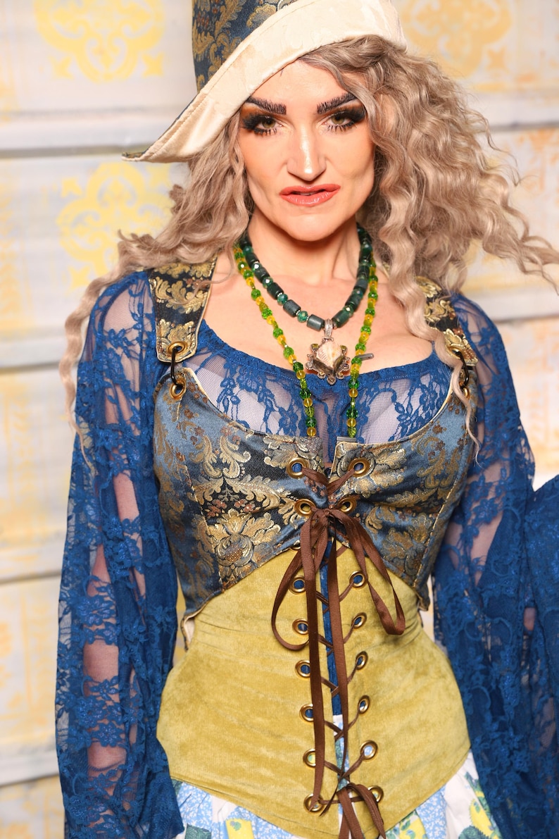 Cropped Marie Bodice in Blue & Gold Brocade Medallion – Rococo Inspired ...