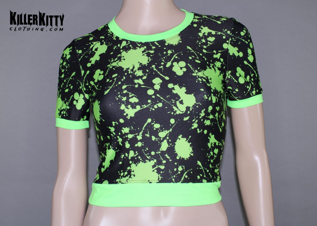 Neon Green 80s Splatter Shirt Cropped Baby Tee Horror Rave Crew Neck ...