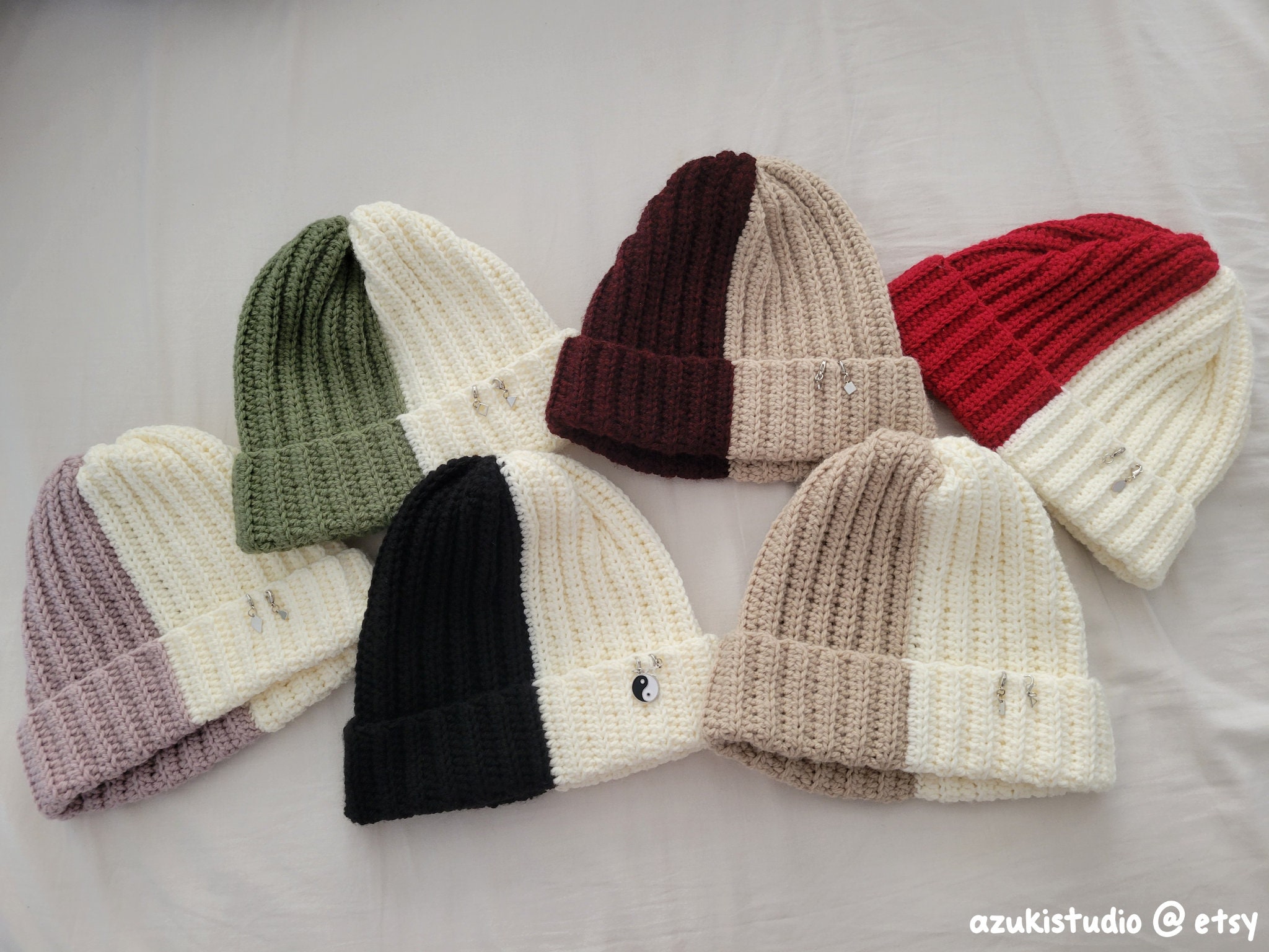 Azuki "half & Half" Split Ribbed Crochet Beanies With Charms ...