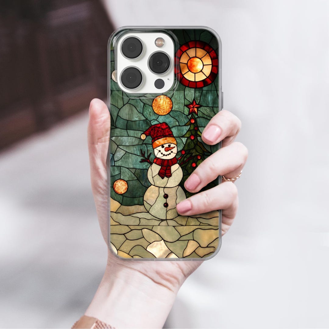 Snowman Phone Case Stained Glass Cover Fits iPhone 12 Pro, iPhone 16 ...