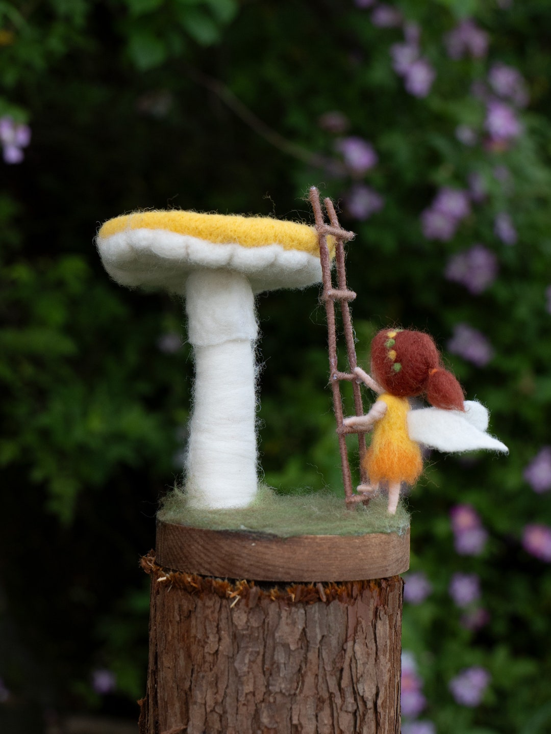 Yellow Angel Wool Felt,felted Fairy Climbing Stairs to Yellow Mushroom ...