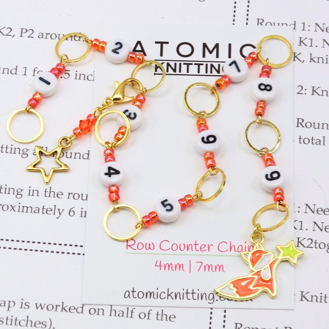Row Counter Chain - Bright Orange Fox & Star Numbered Knitting Chain ...