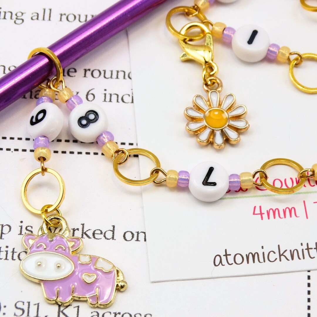 Row Counter Chain Lilac Cow & Daisy Numbered Knitting Chain Row Counter ...
