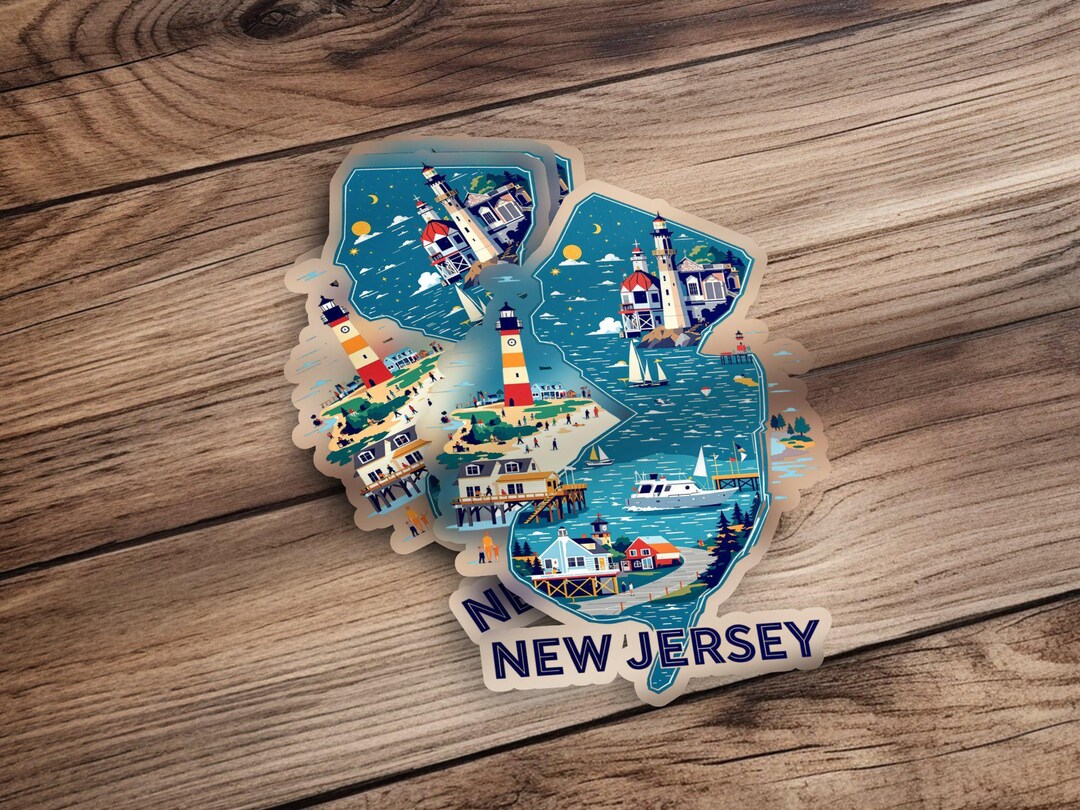 New Jersey Map Sticker, Travel Souvenir Decal, State Landmark Stickers ...