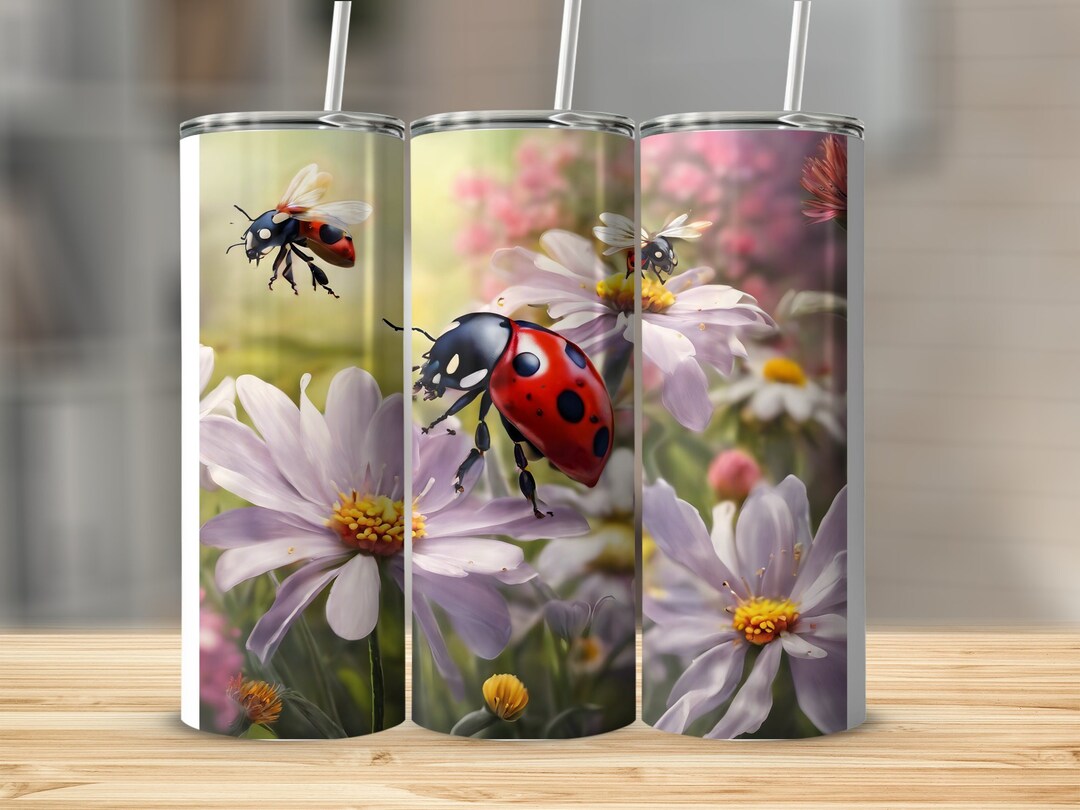 Ladybug and Flowers Tumbler, Colorful Nature Scene, Insulated Drinkware ...