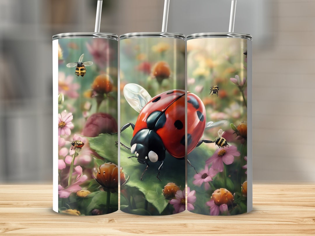 Ladybug and Bees Garden Scene Tumbler, Colorful Floral Insect Art ...