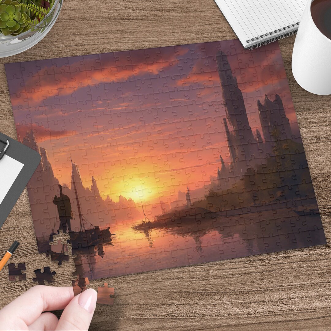 Fantasy Sunset Landscape Puzzle, Epic River Scene With Traveler and ...