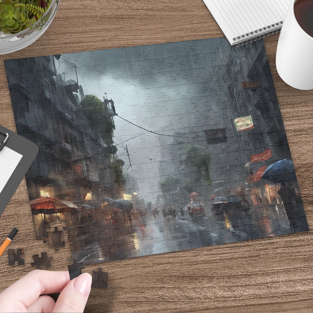 Rainy City Street Scene Jigsaw Puzzle, Urban Landscape, Moody Weather ...