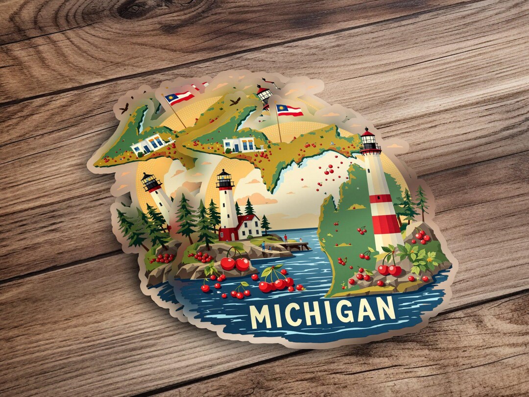 Michigan State Sticker, Retro Map Sticker, Great Lakes Decal, Scenic ...