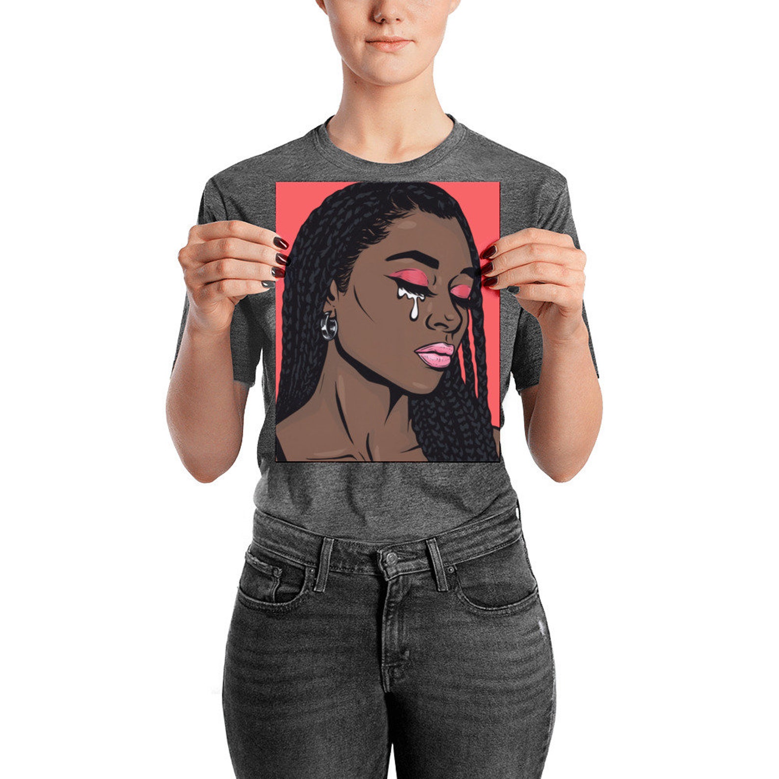 Coral Black Crying Comic Girl Poster | Etsy