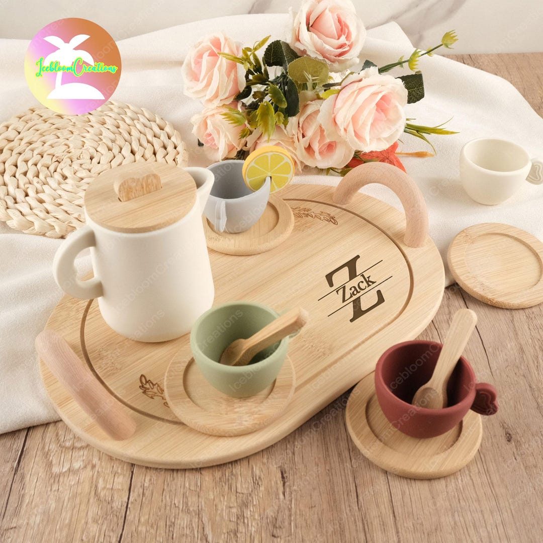 Personalised Silicone Afternoon Tea Set, Engrave Wooden Toddler Play ...