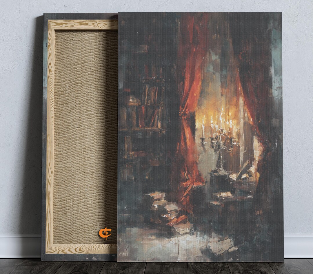 Printable Gothic Candlelit Library Scene - Moody Vintage Decor, Dark ...