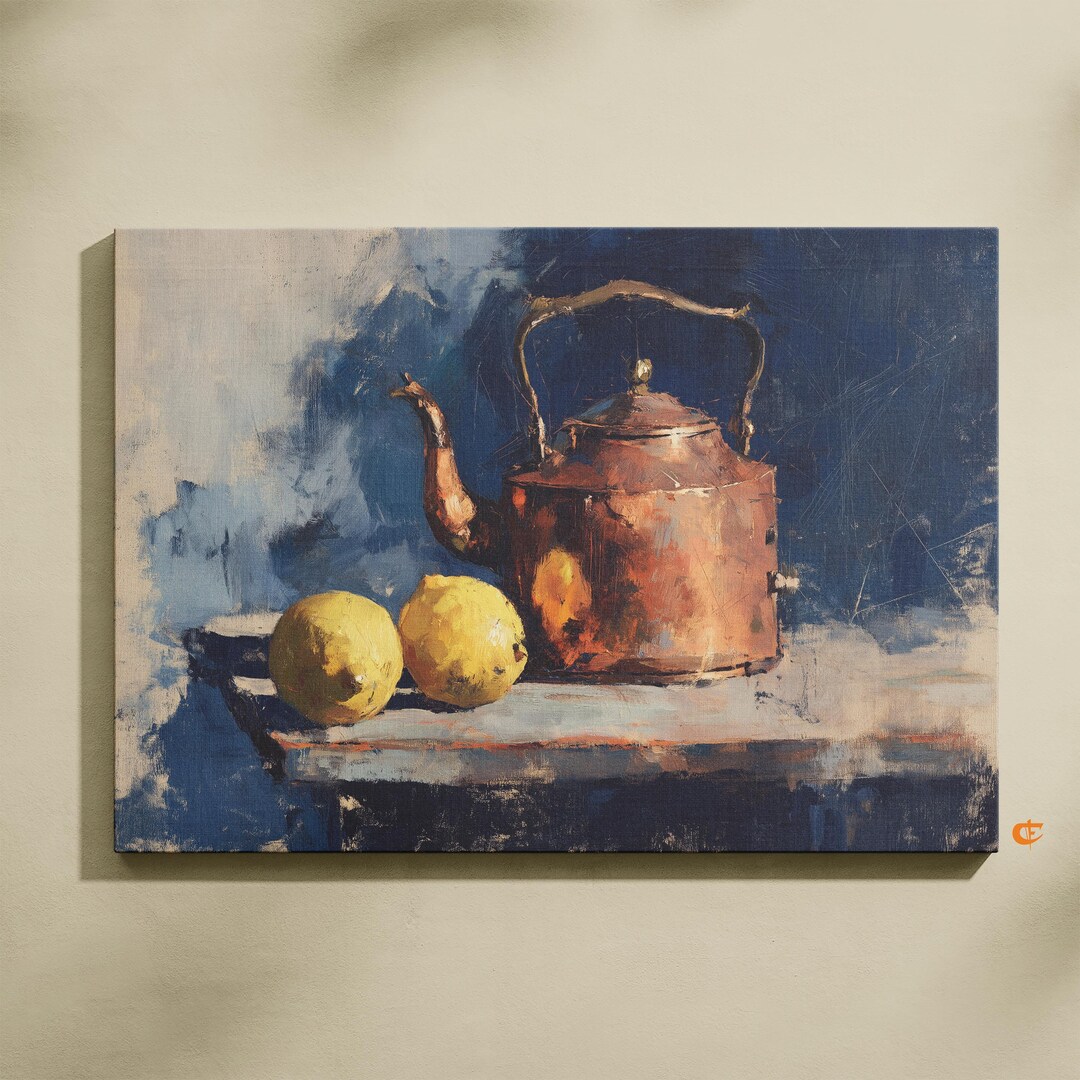 Vintage Still Life Art With Copper Kettle and Lemons Rustic Oil ...