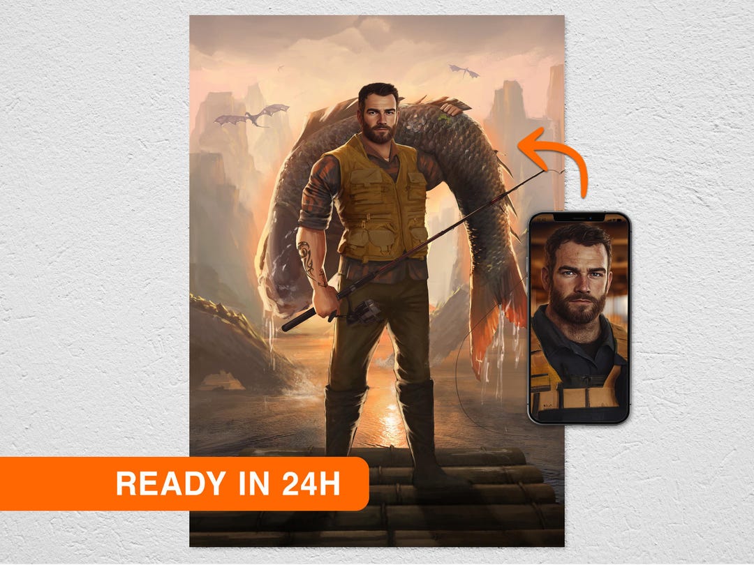 Custom Fisherman Portrait From Photo, Epic Fisherman Gift for Fishing ...